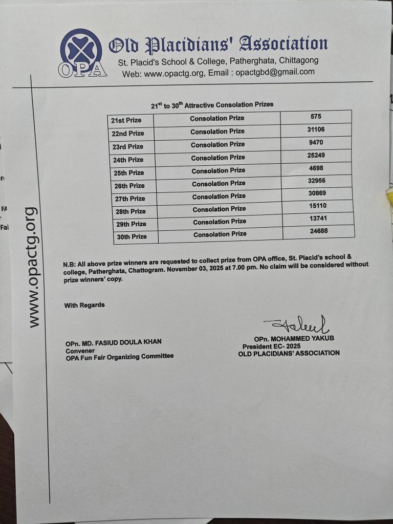 OPA Fun Fair Raffle Ticket Prize Winners Result 2025 - Old Placidians ...