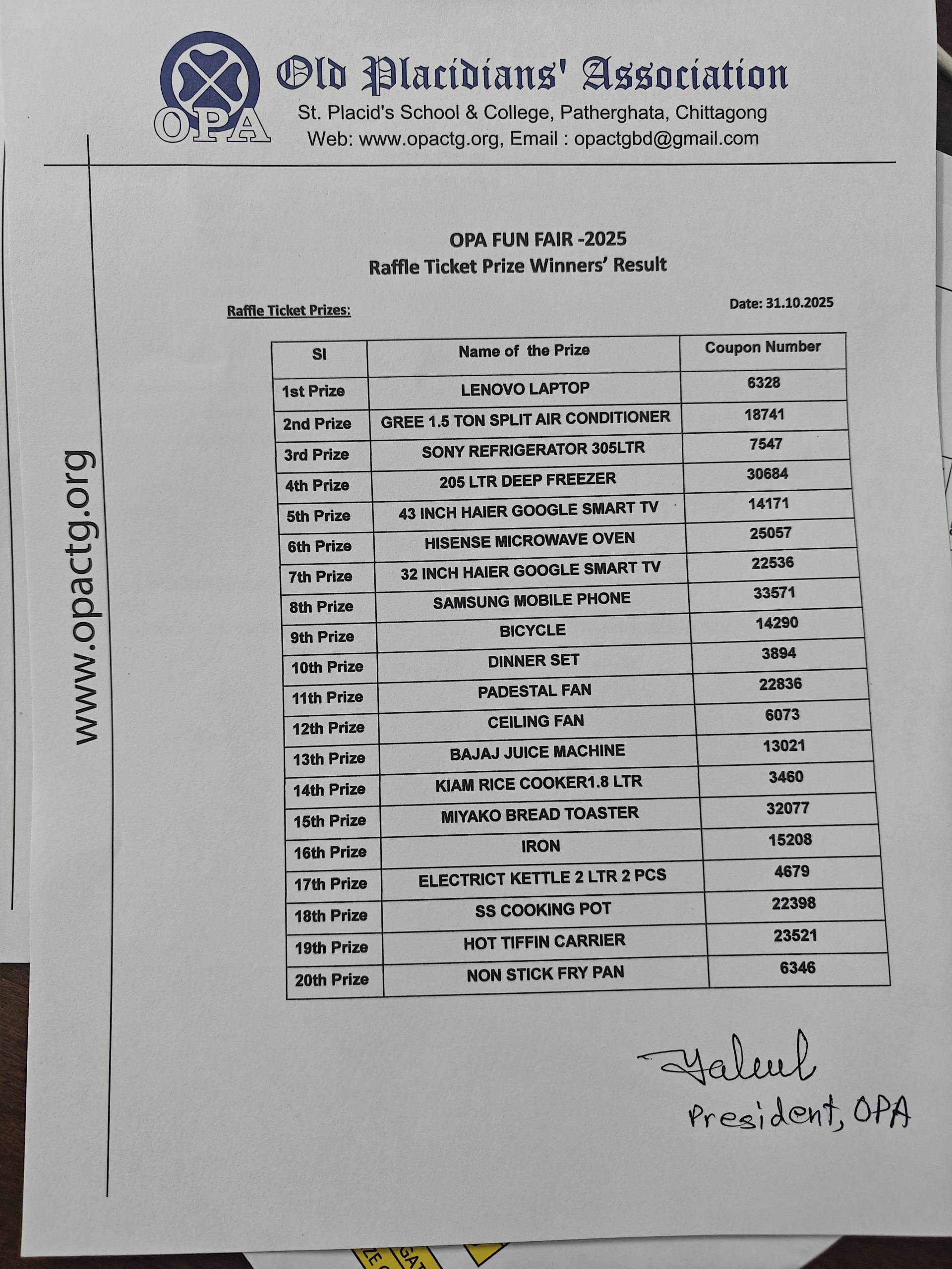 OPA Fun Fair Raffle Ticket Prize Winners Result 2025 - Old Placidians ...