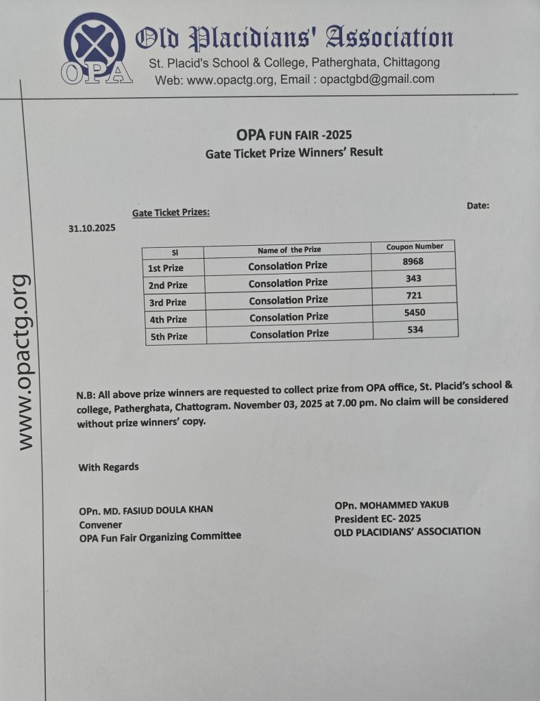 OPA Fun Fair Raffle Ticket Prize Winners Result 2025 - Old Placidians ...